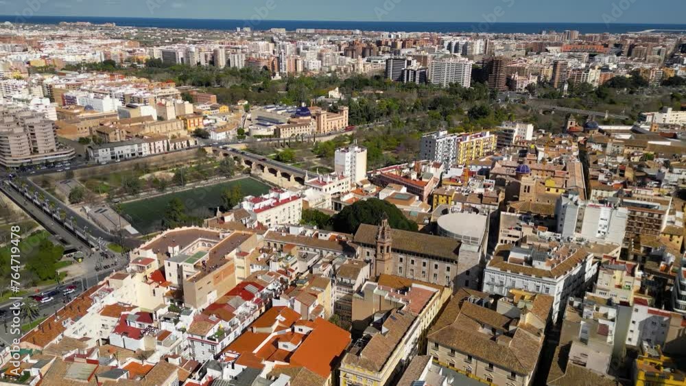 Vidéo Stock Drone passing above the old town center of Valencia, Spain ...