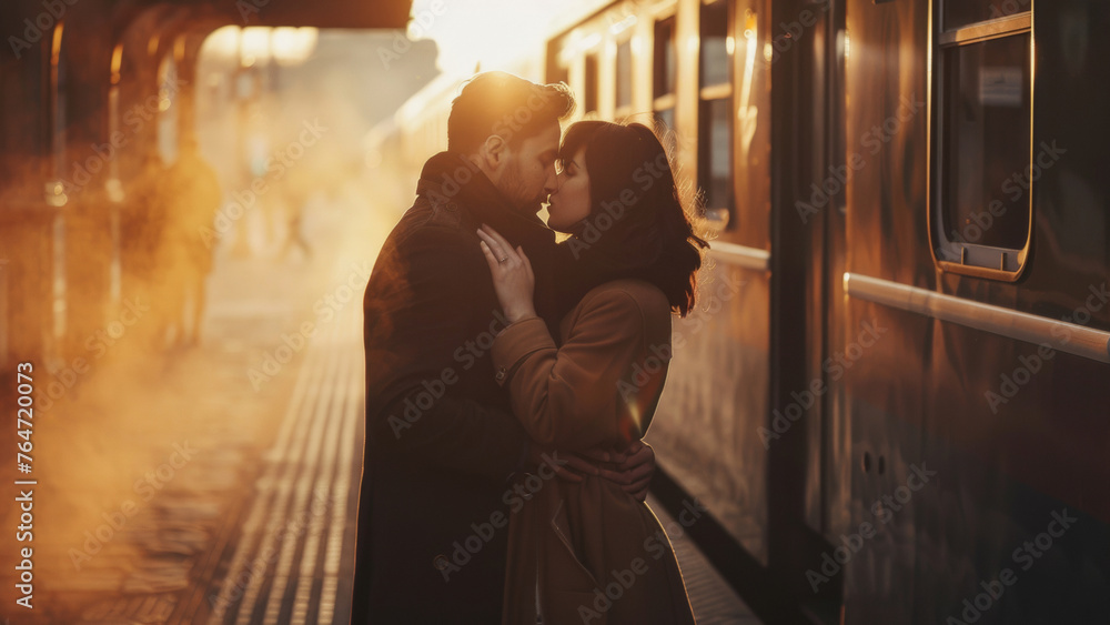 A romantic couple kisses goodbye amidst a bustling train station ...
