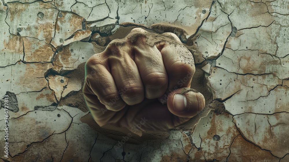 close-up of a wrestler's clenched fist, merged in double exposure with ...
