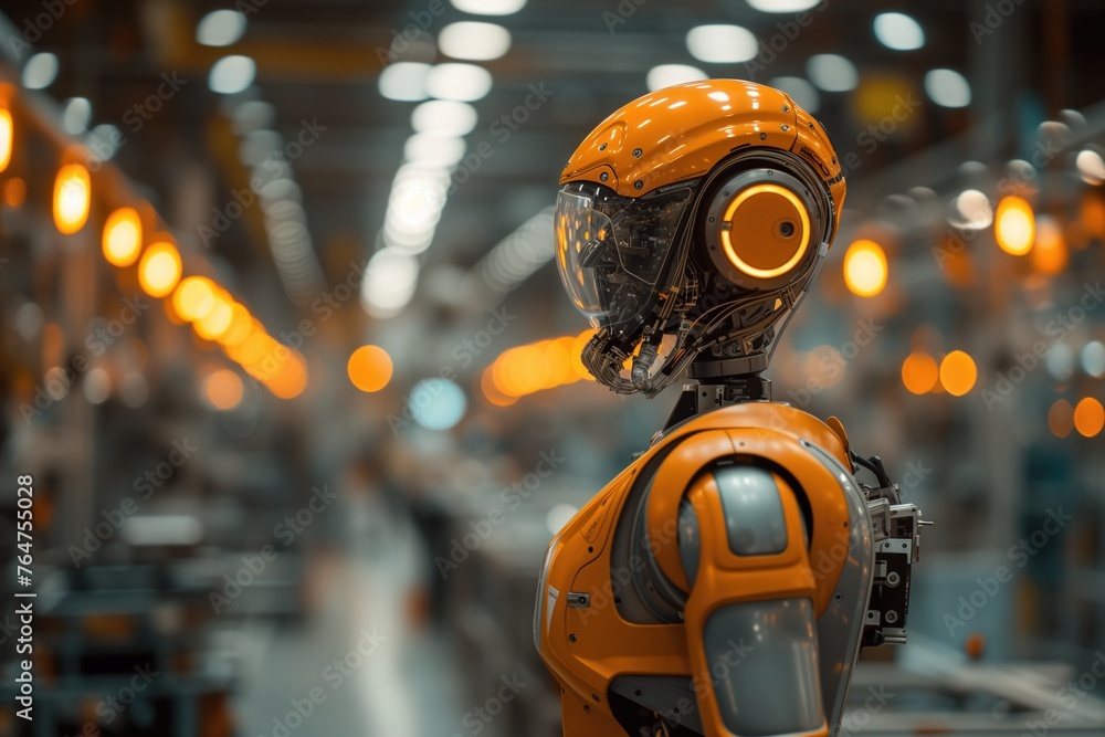 A futuristic robot with a prominent orange head and a complex system of ...