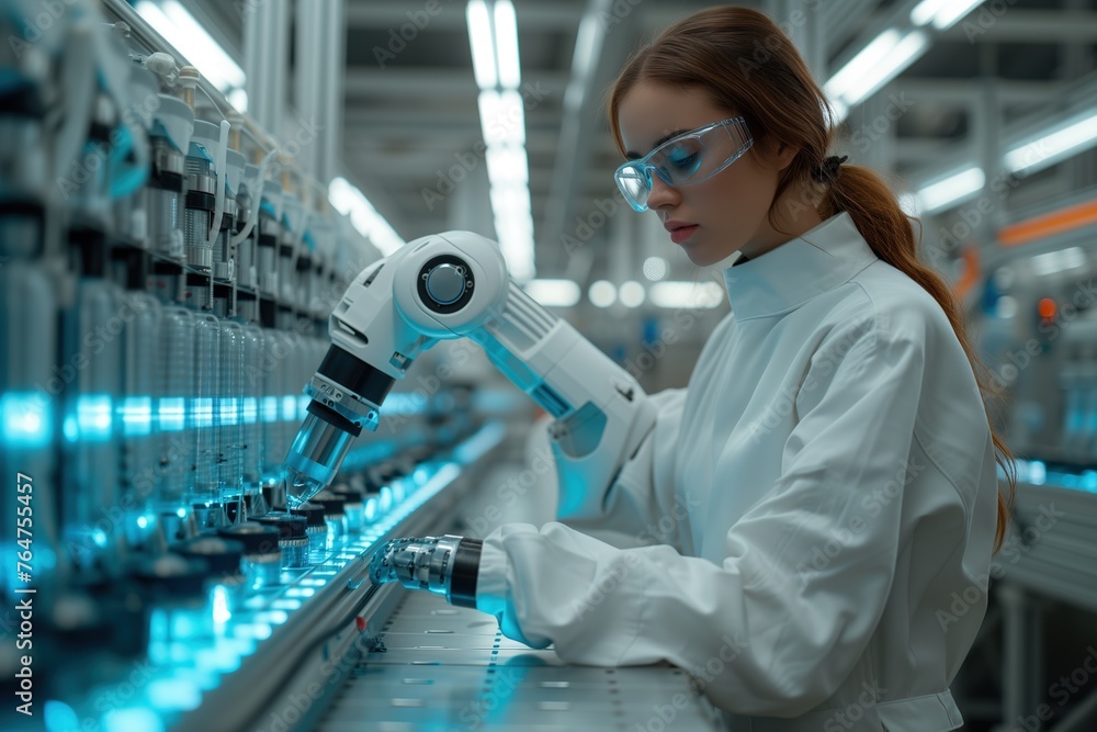 Female scientist calibrates high-tech robotic arm for precision tasks ...