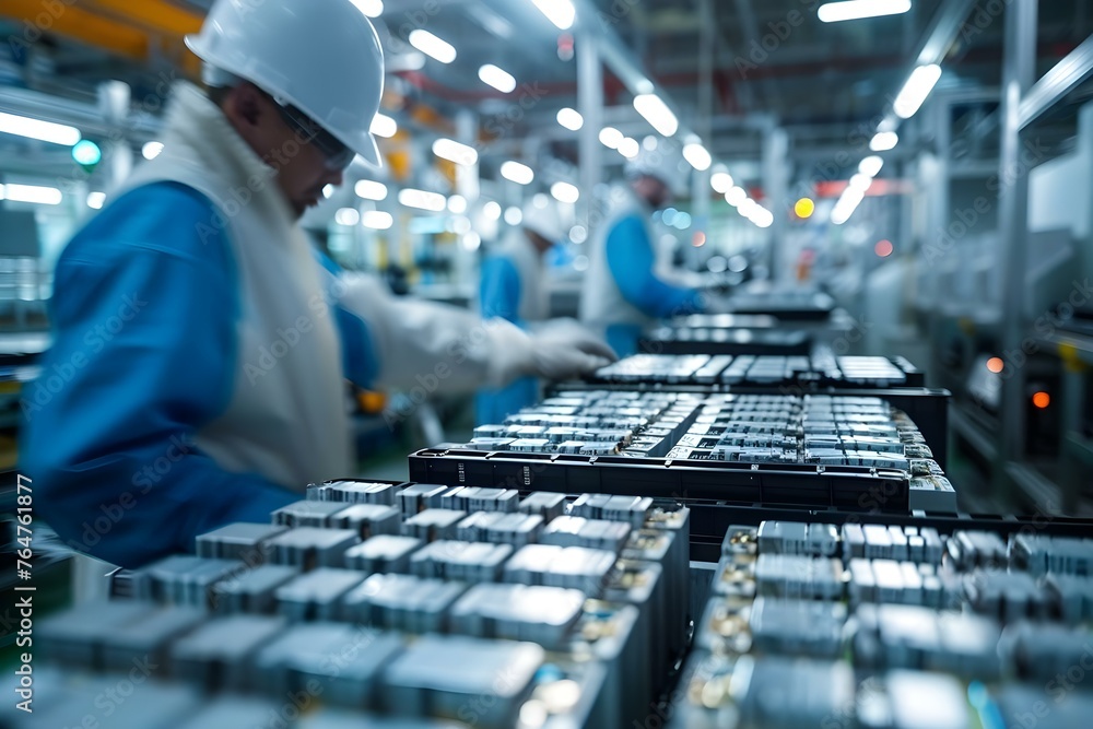 Workers in a battery production factory inspecting and assembling ...