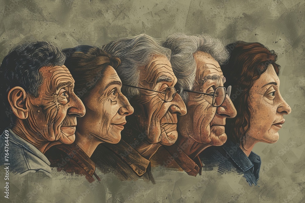 Side-by-side portraits capture the gradual aging of a person, depicting ...