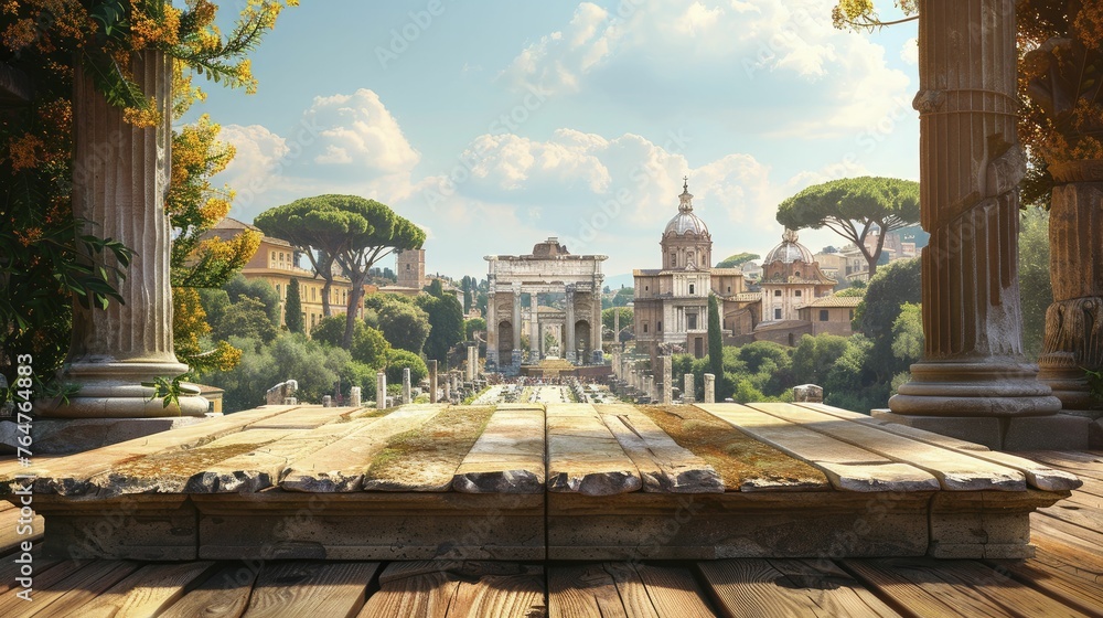 Historical Sandstone Podium, front view focus, with a Roman Forum ...