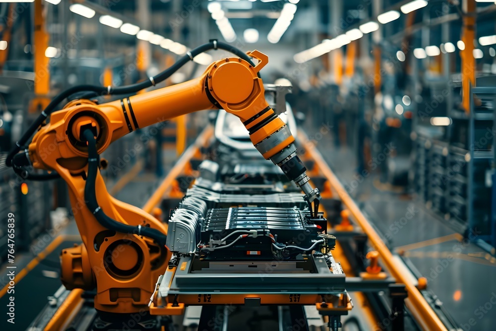 Robotic arm in orange at a giga factory assembling electric vehicle ...