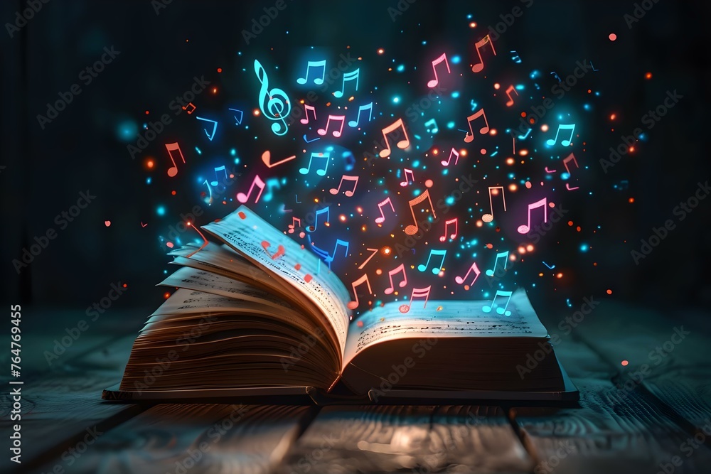 Colorful music notes emerging from an open book representing sound ...