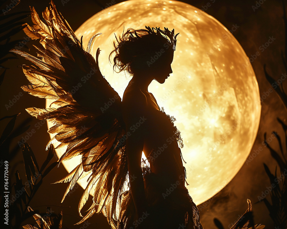 Mystical Moonlight Silhouette , Feathers of pure gold, Rising from the ...