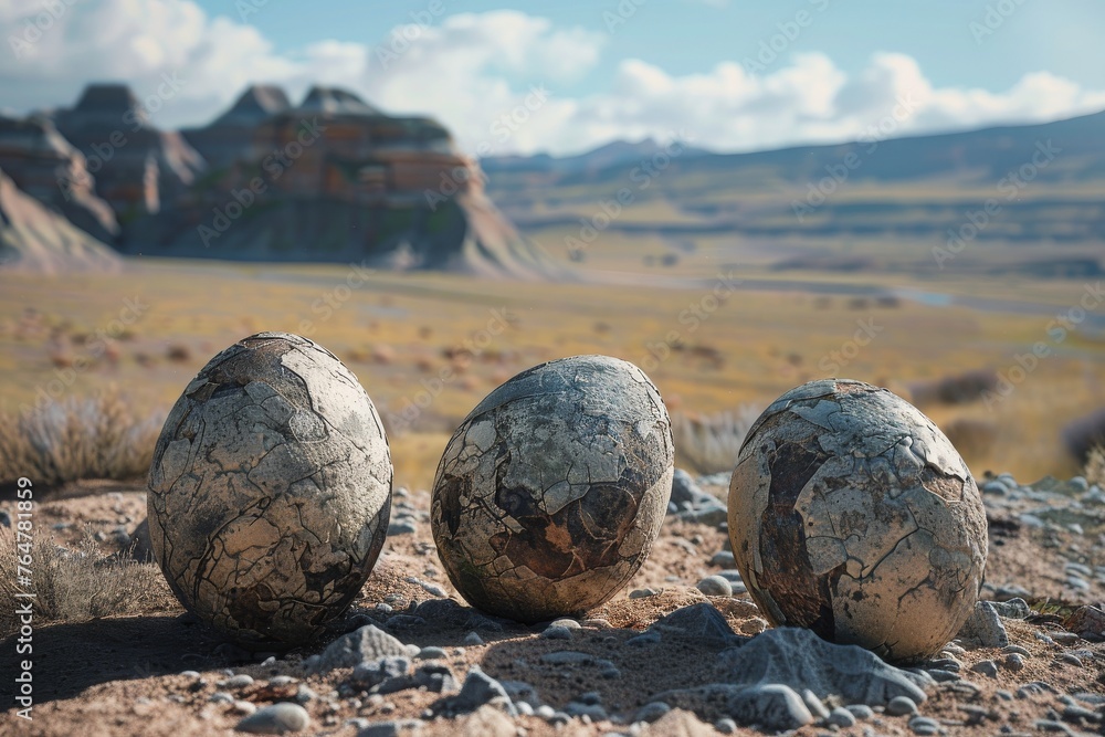Fossilized dinosaur eggs sit on open ground. Ancient remains or fossils ...