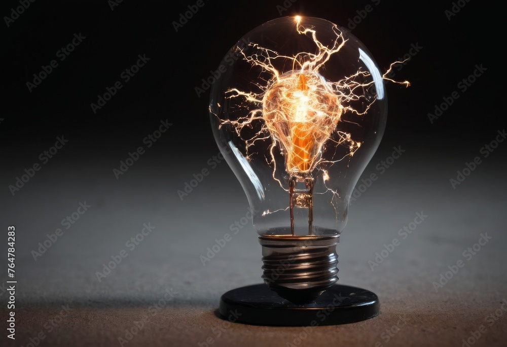 A classic light bulb electrified with a storm of sparks represents a ...