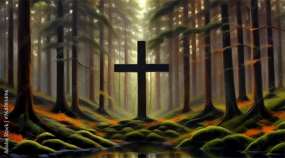 Cross sign dominates a calm forest scene, an icon of tranquility among ...