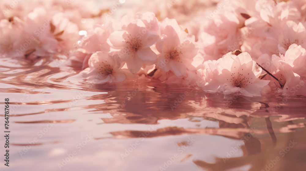 Gros plan sur des fleurs de cerisiers roses flottant sur une eau de ...