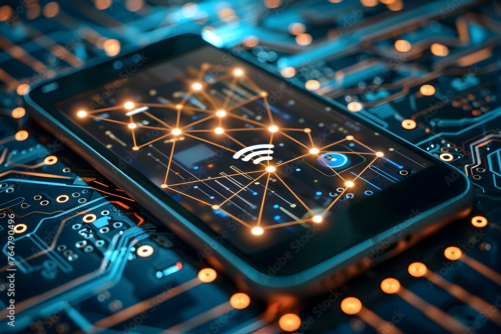 mobile smart phone and wireless connection network icon on microchip ...