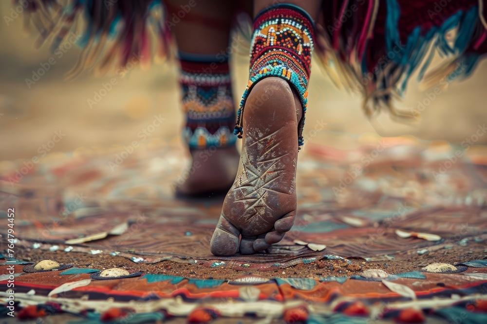 Close-up of a persons feet in a vibrant dress on a patterned rug ...