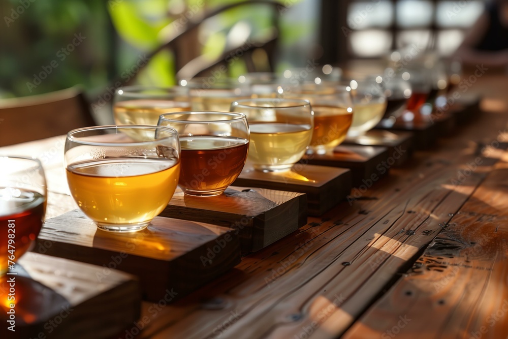 Artisanal tea tasting flight, presenting exotic and rare tea varieties ...
