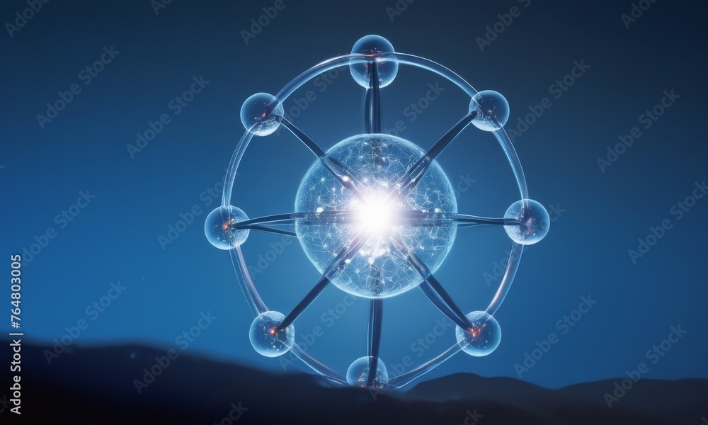 Glowing spheres orbiting a central core, depicting energy and atomic ...