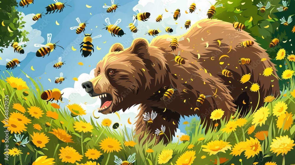 cartoon background. vector illustration. A swarm of bees chasing a bear ...