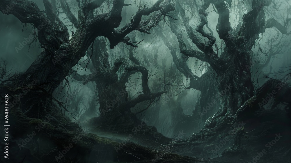 A dark, brooding forest where gnarled, ancient trees loom, their ...