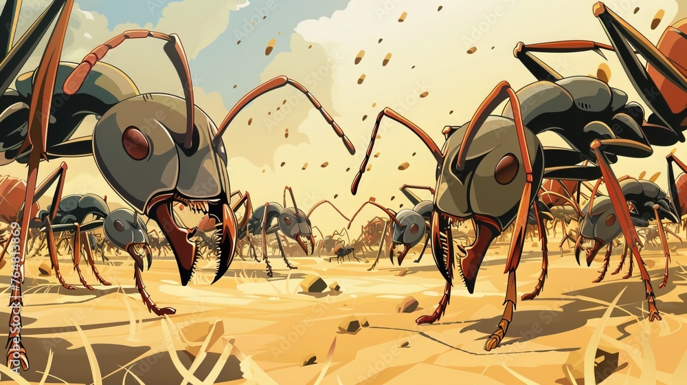 vector illustration. cartoon background. armies of ants facing each ...