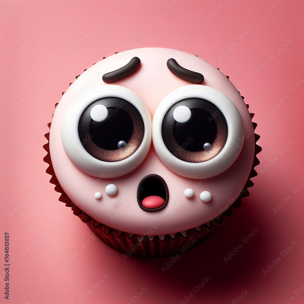 An anthropomorphic chocolate cupcake looks surprised against a pink ...