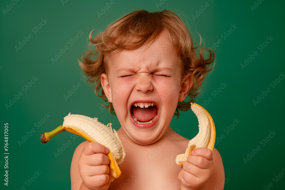 Child has a tantrum over a broken banana. Concept of three year old ...