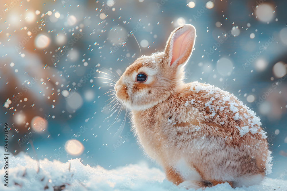 Rabbit in the falling snow background, depicting a winter wildlife ...
