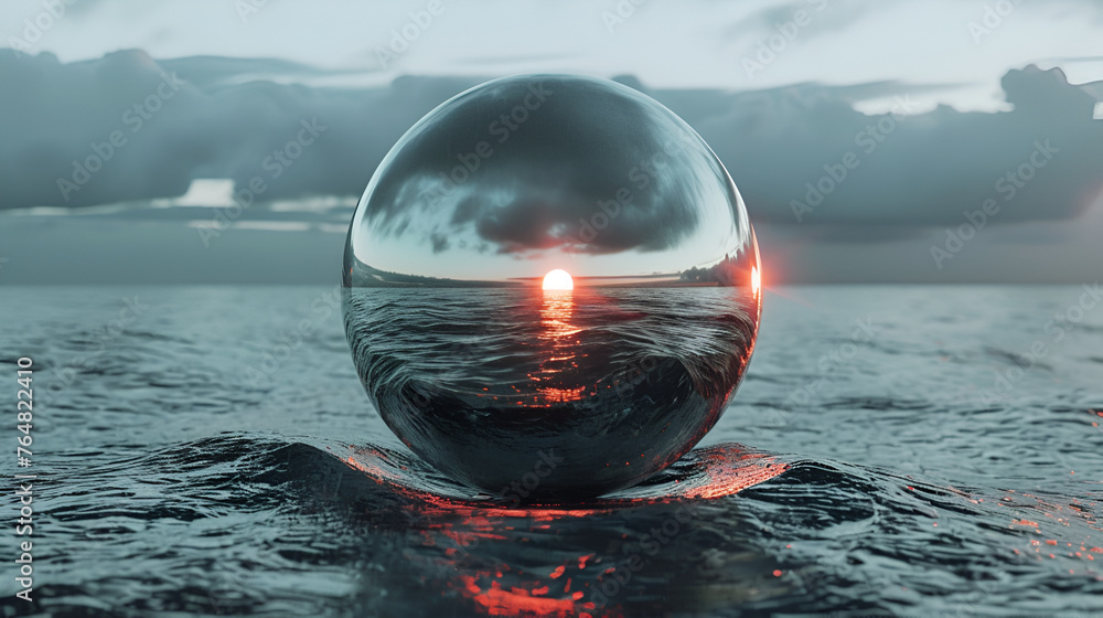 sparkling metal, glass sphere rises above the water, shape of the globe ...