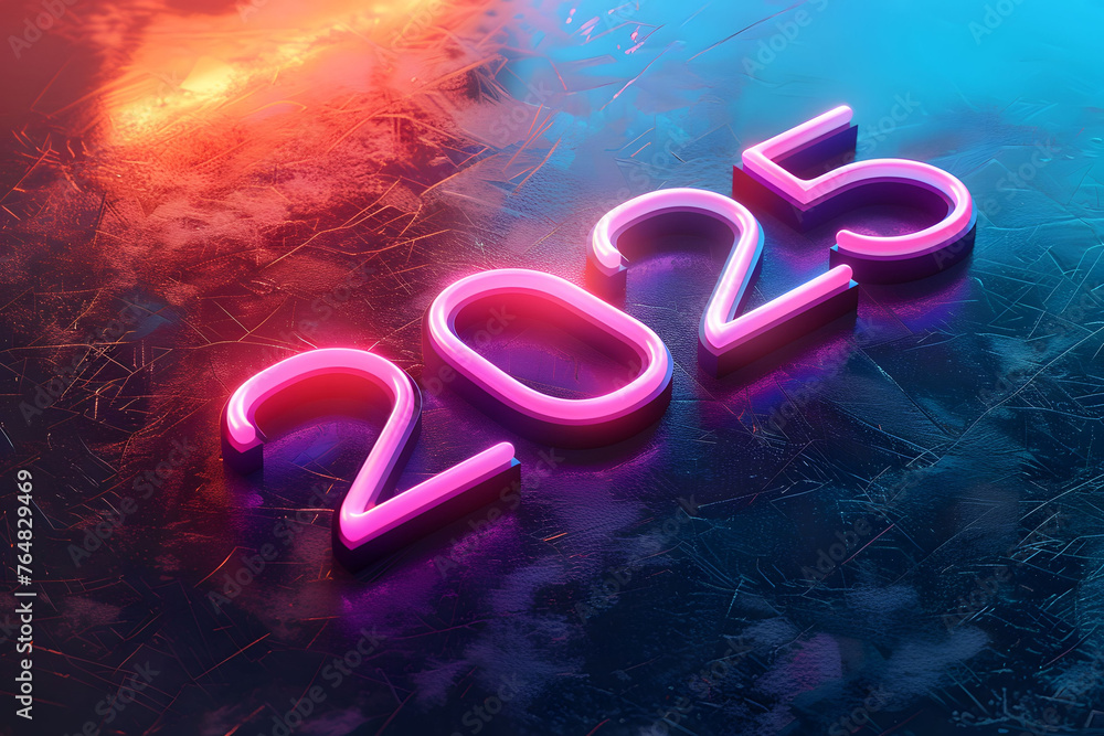 Vibrant Neon Lights Shaping the Year 2025 on a Dark Textured Surface ...
