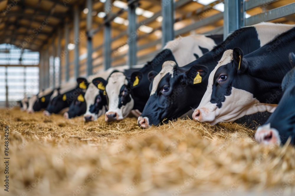 A modern outdoor cowshed at a dairy farm with a herd of milking Holstein cows eating hay from a ...