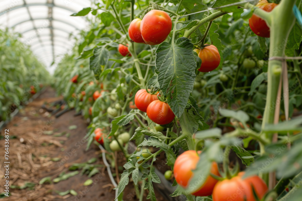 Inside a tomato greenhouse: There are rows of tomato plants laden with ...