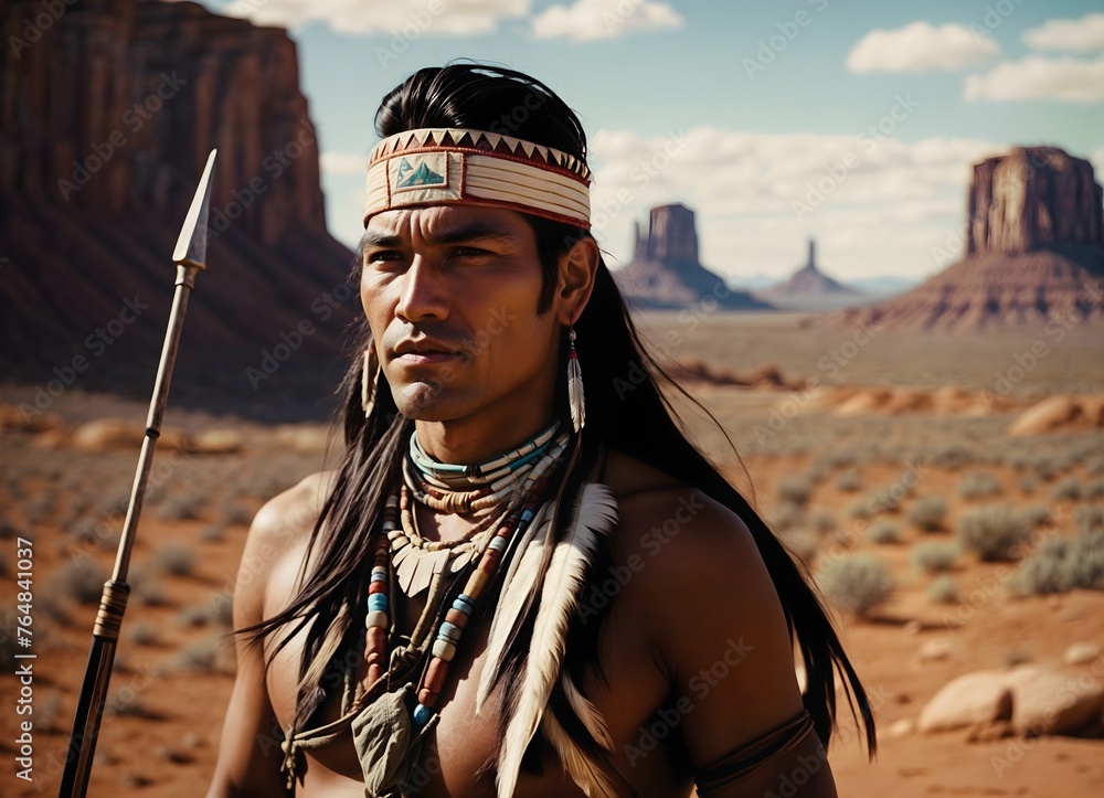 Portrait native american navajo warrior with spear, new mexico desert ...