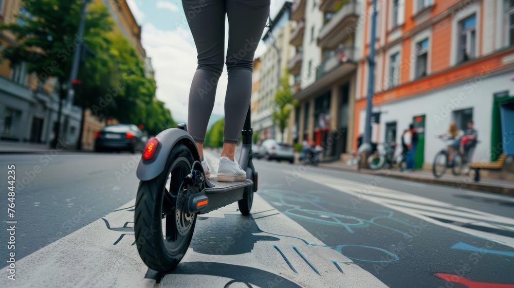 A person riding an electric scooter through a city street with bike ...