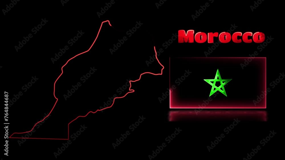 Looping neon glow effect icons, national flag of Morocco and map, black ...