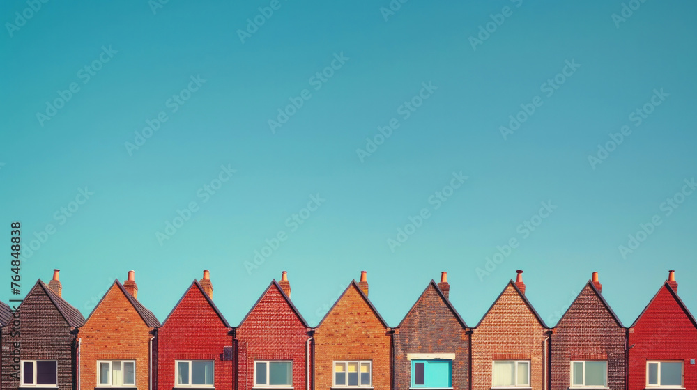 Row of colorful brick cottages, red brick country houses, blue sky ...
