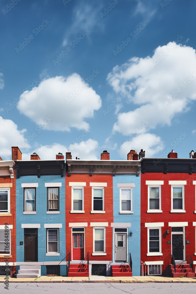 Row of colorful brick cottages, red brick country houses, blue sky ...