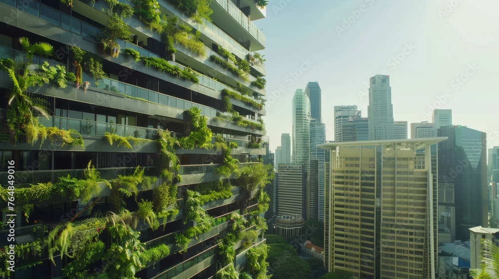 An urban skyline with green rooftops and vertical gardens adorning the ...
