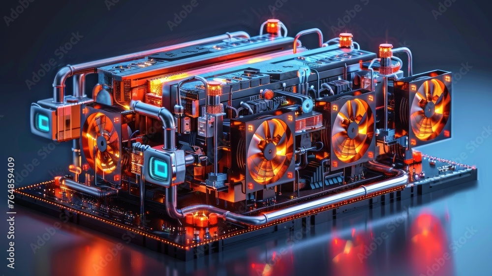 Mining rig cooling system, 3D visualization of high-tech thermal ...