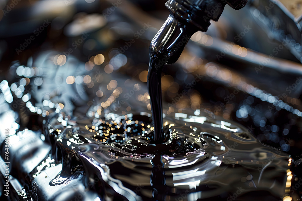 Used black oil being drained from a car’s engine. The process of ...