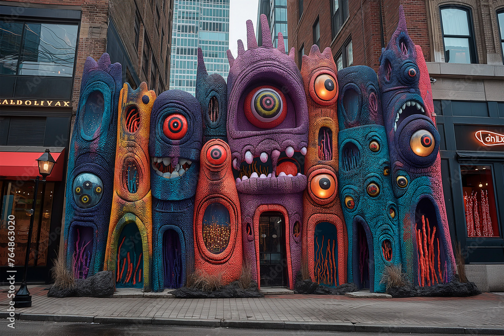 Whimsical street art installation depicting playful and exaggerated ...