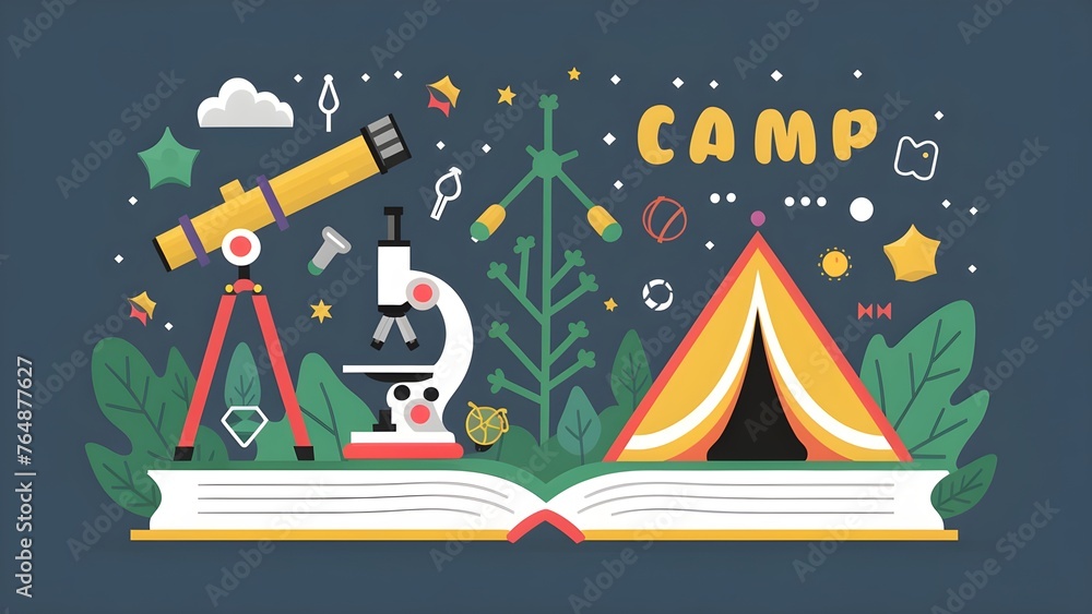 Design of graphic element on science camp with telescope, microscope ...