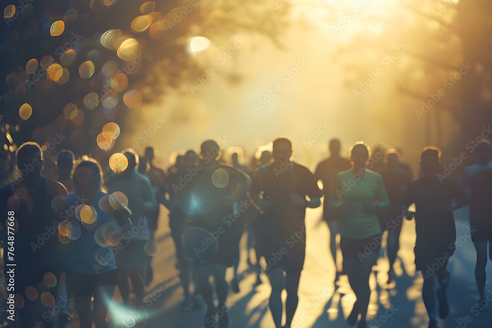 Participants in charity walk/run event with World Health Day bokeh ...