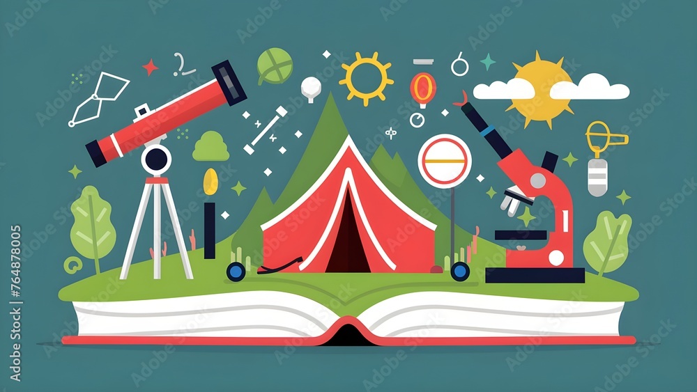 Design of graphic element on science camp with telescope, microscope ...