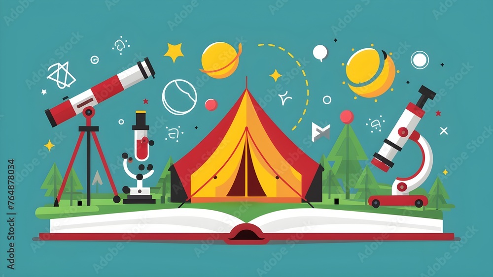 Design of graphic element on science camp with telescope, microscope ...