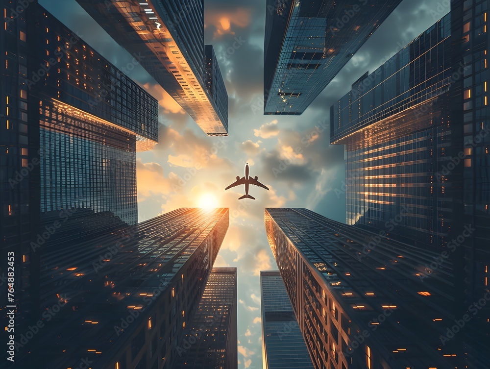 Against a backdrop of clouds, sunlight and sky, an airplane is captured ...