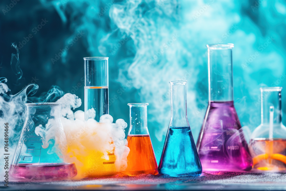 Colorful liquids in laboratory glassware undergo effervescent chemical ...