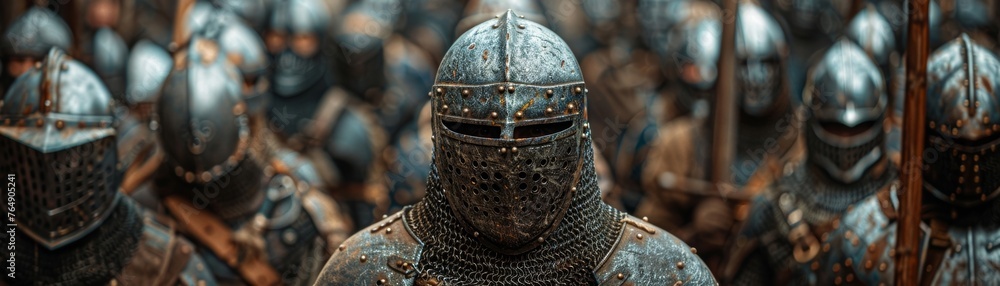 Picture a scene of an ancient castle armory filled with swords, shields ...