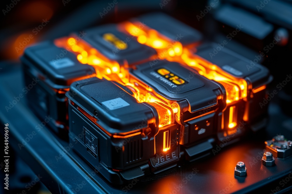 Foto de Battery packs glow with orange illumination, indicative of ...