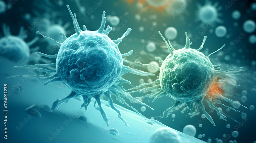 Foto de Microscopic macroscopic close view of cells attacked by virus ...