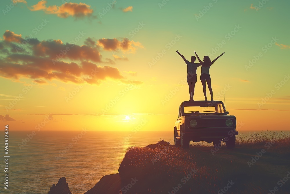 Exuberant pair stands atop car at cliff's edge, arms raised, basking in ...