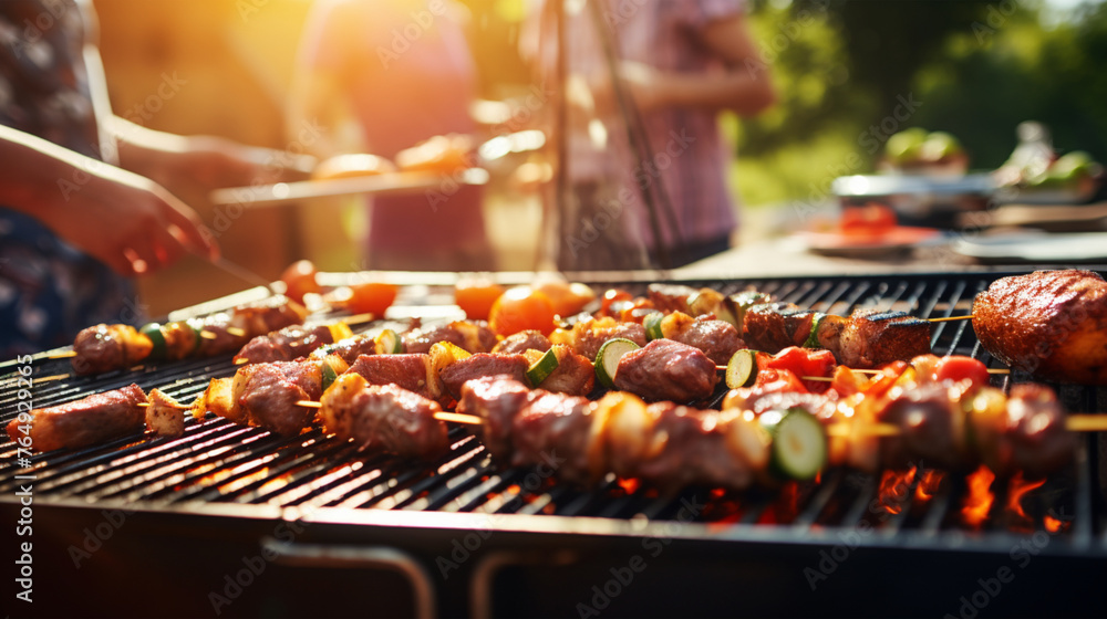barbecue meat party people happy grill garden daylight blur closeup ...