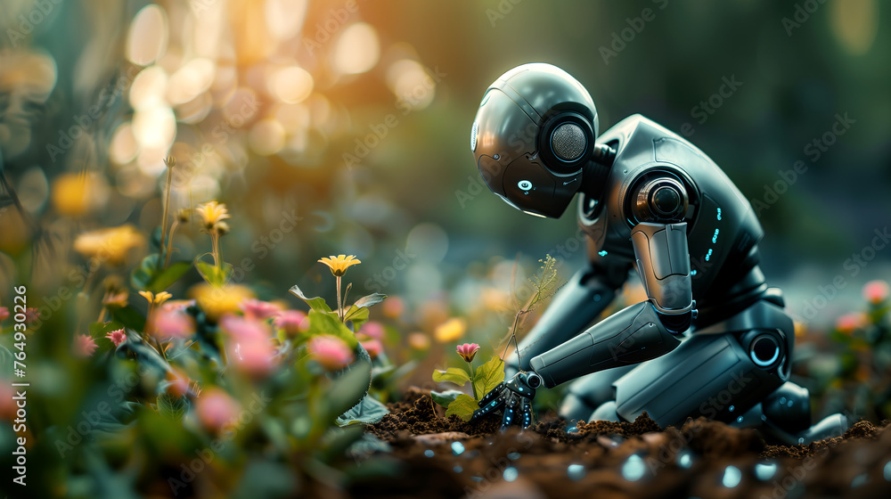 A mechanical robot plants flowers in a fertile land. The rebirth of the ...
